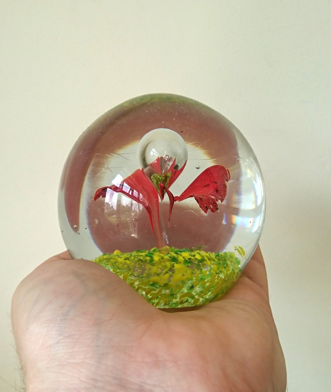 Vintage Paperweight Green, Red Glass Art Floral Flower Butterfly Office ...