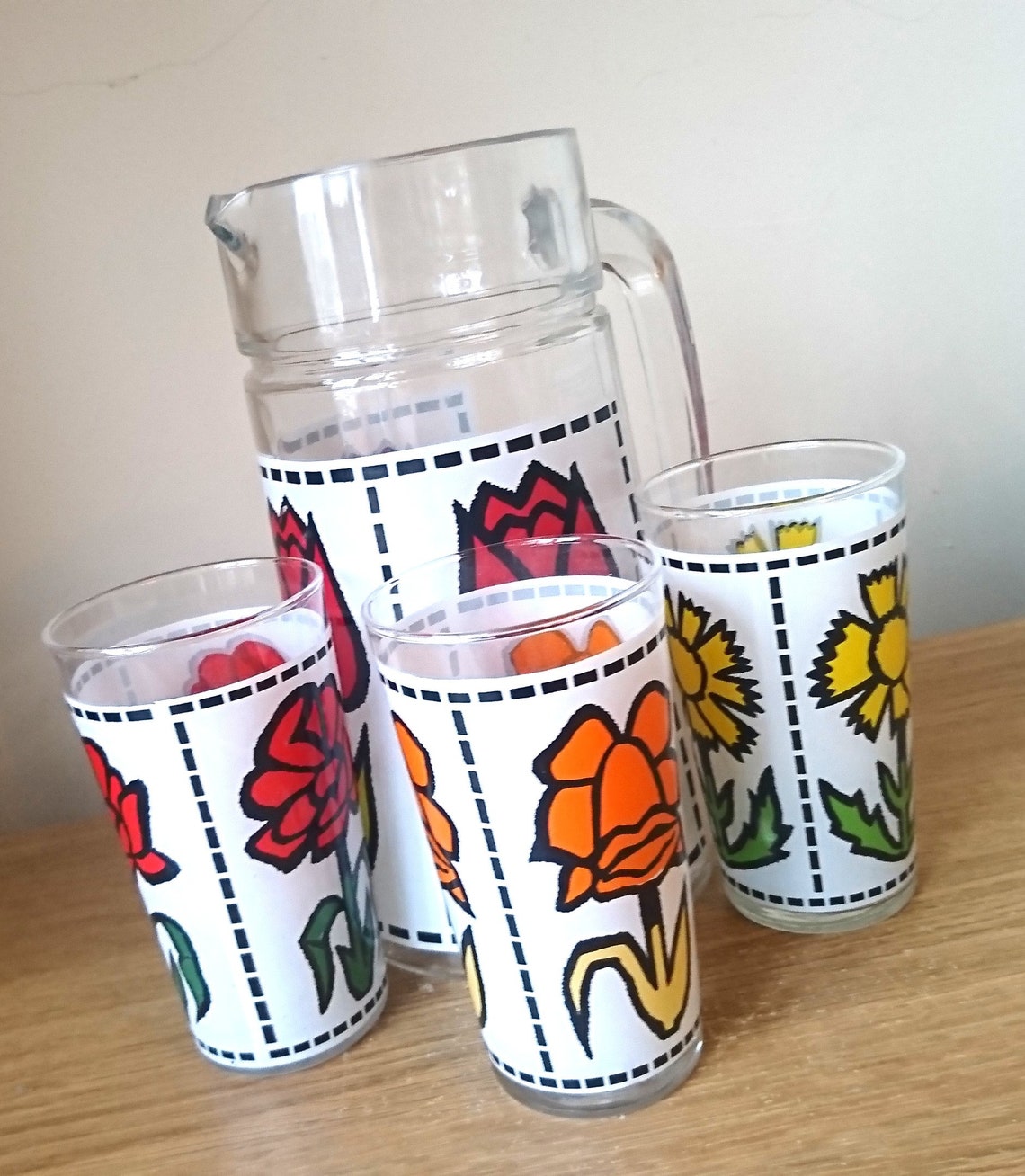 Vintage Pitcher Set and Drinking Glasses Retro Bold Floral - Etsy