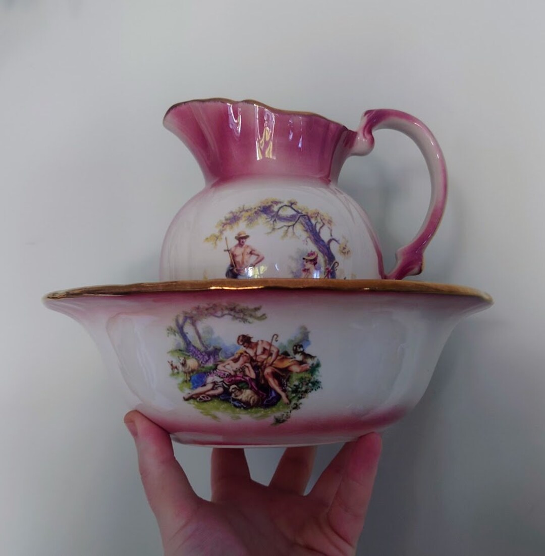 Vintage Jug and Bowl Set Red Burgundy Wash Jug and Basin Ceramic Jug ...