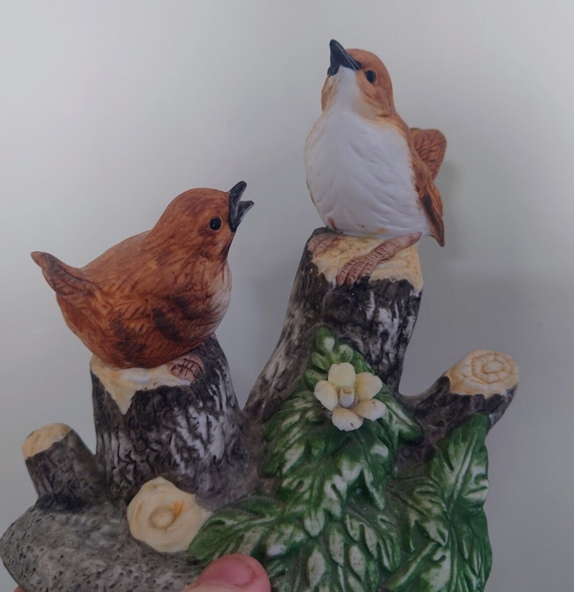 Vintage Bird Figurine Perching on Log With Flowers, Floral Bird ...