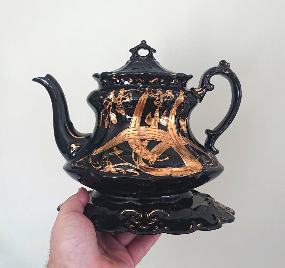 Antique English Victorian Black and Gold Teapot With Stand Mourning ...