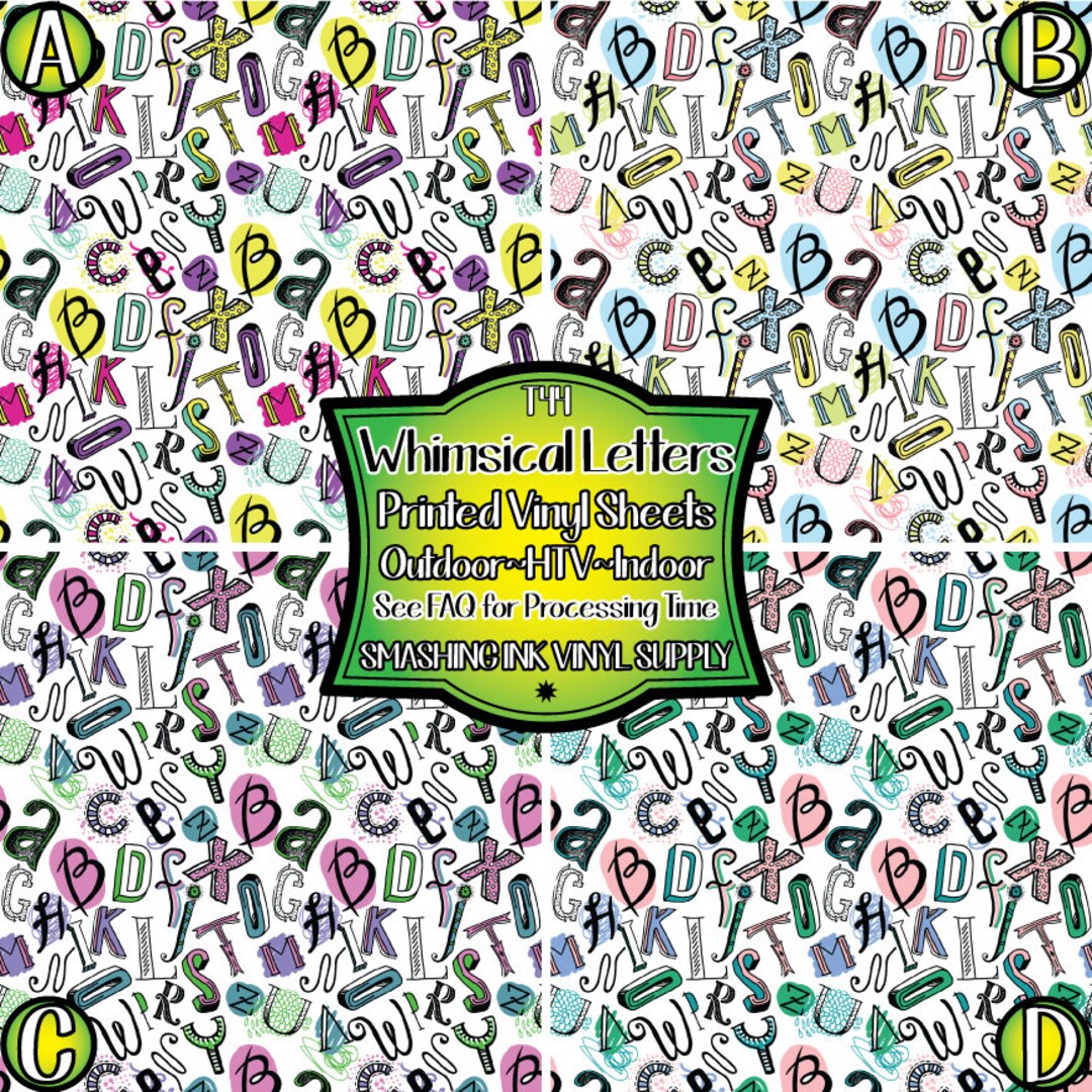 Whimsical Letters Vinyl/printed Heat Transfer Vinyl/patterned - Etsy