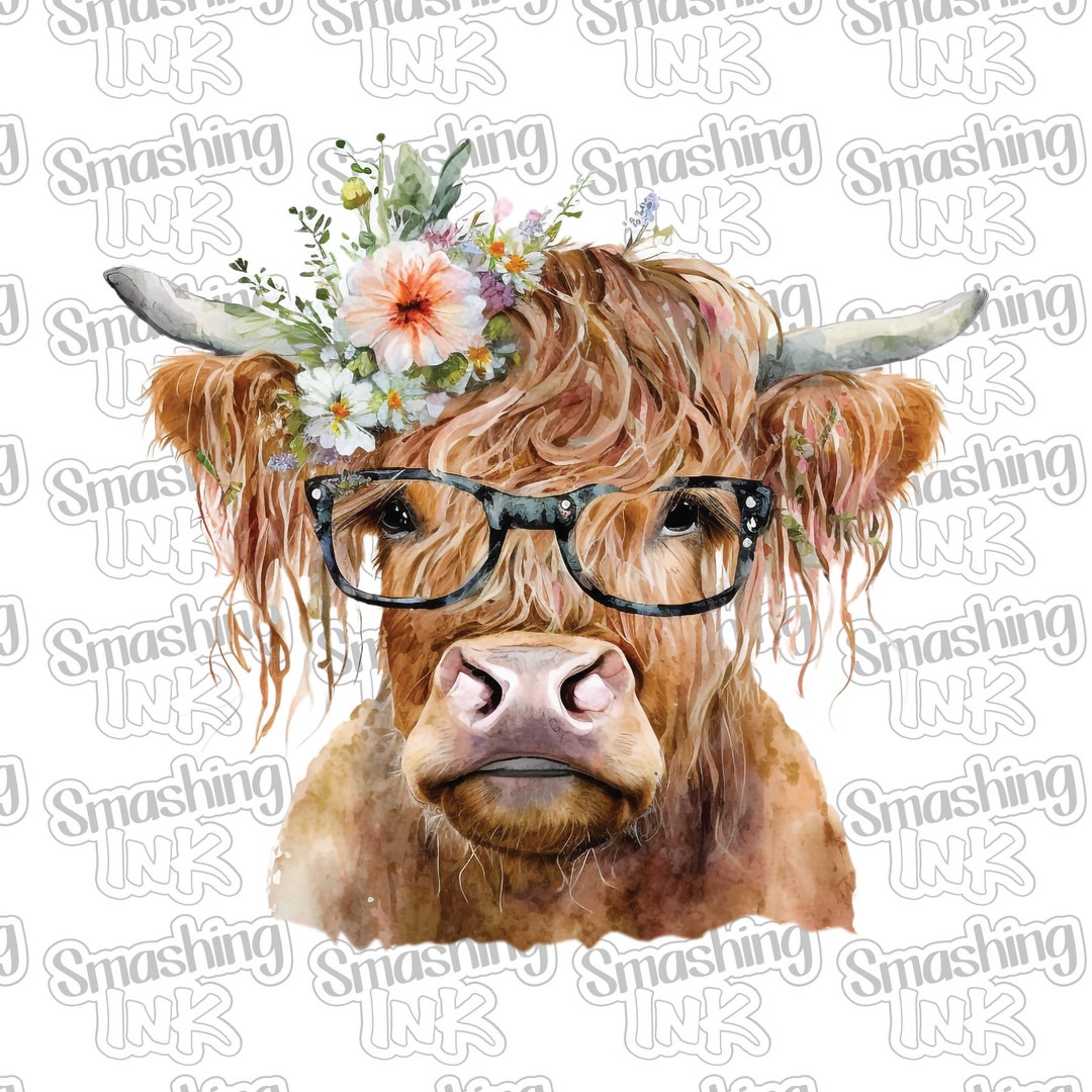 Floral Highland Cow With Glasses Apparel Transfer - Available in Heat ...