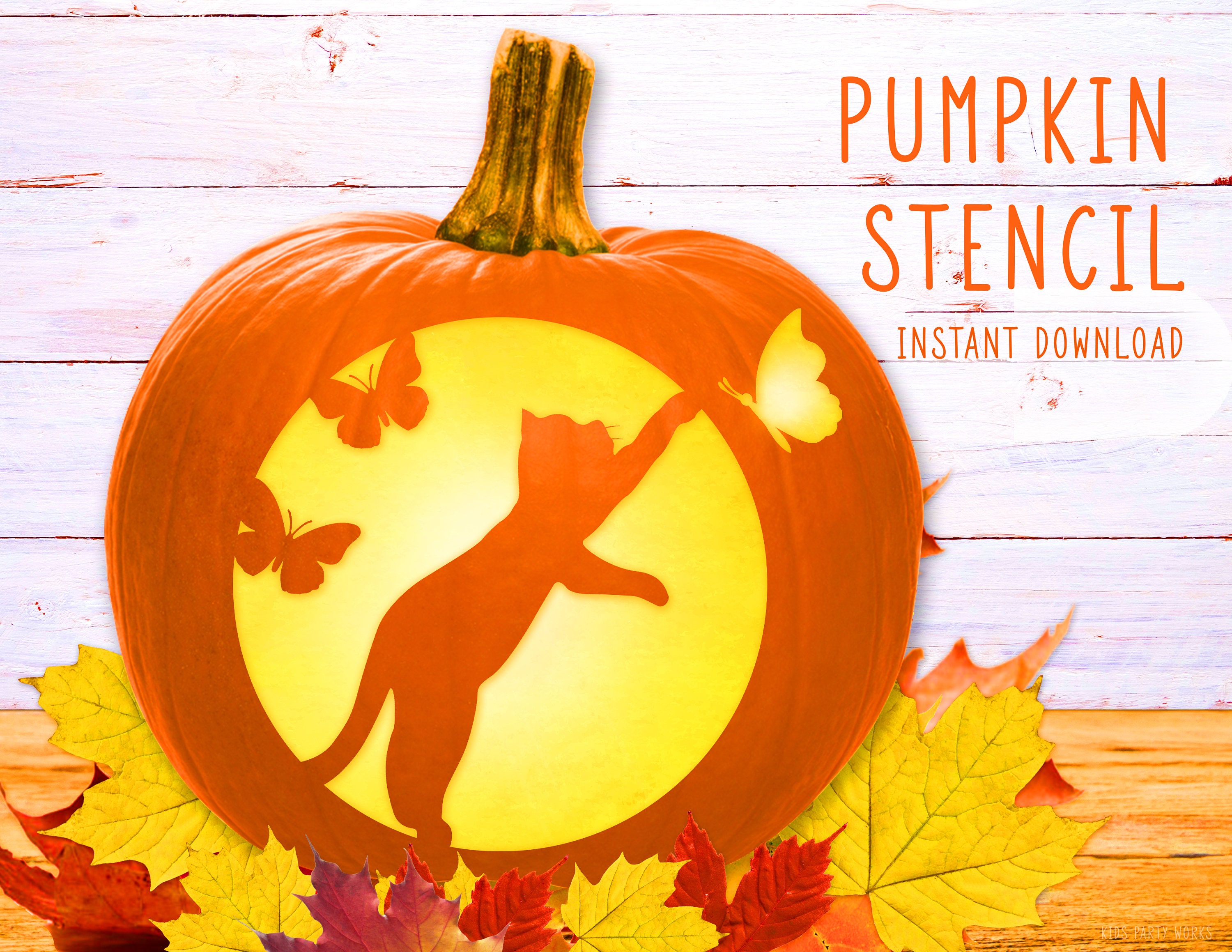 Cat Pumpkin Stencil, Halloween Cat Butterflies PRINTABLE Pumpkin ...