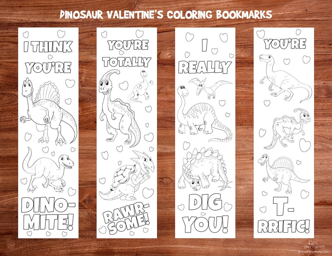 Valentine Coloring Bookmark - Dinosaur Valentine Bookmark - Bookmark to ...