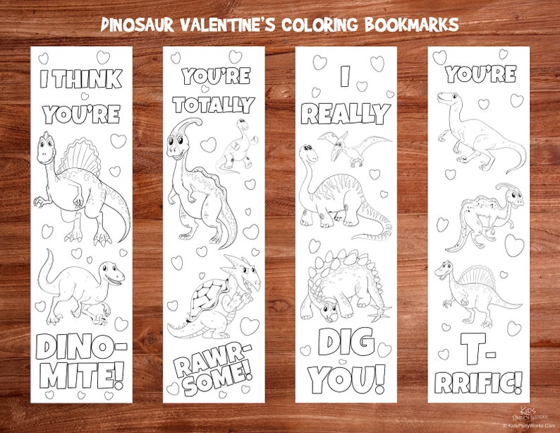 Valentine Coloring Bookmark - Dinosaur Valentine Bookmark - Bookmark to ...