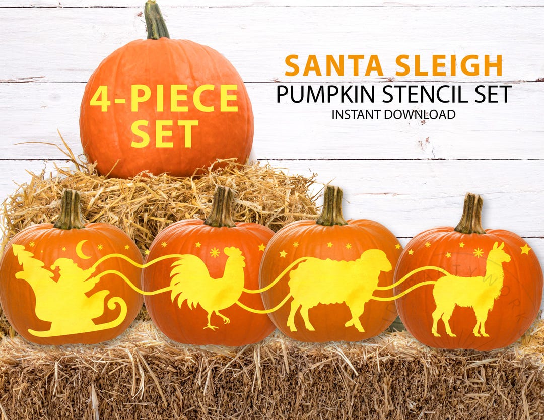 Santa Sleigh Pumpkin Stencil Set, Jack O Lantern Png Funny Pumpkin ...