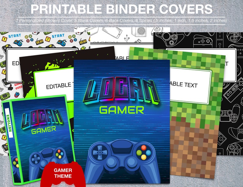 Kids Printable BINDER COVERS, Gamer Binder Covers, 1 Personalized Cover ...