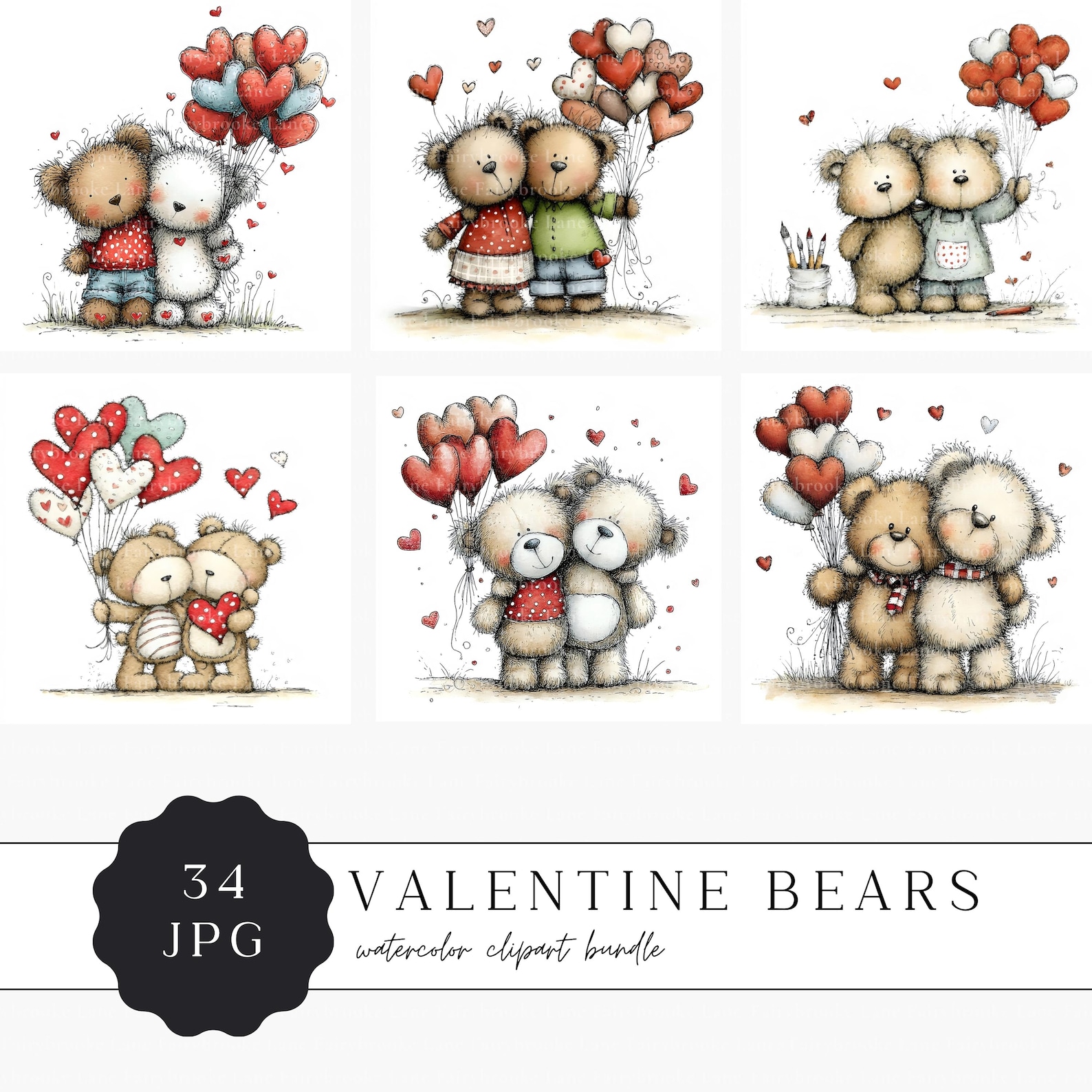 34 JPG Valentine Teddy Bear Couple Clipart, Whimsical Watercolor ...