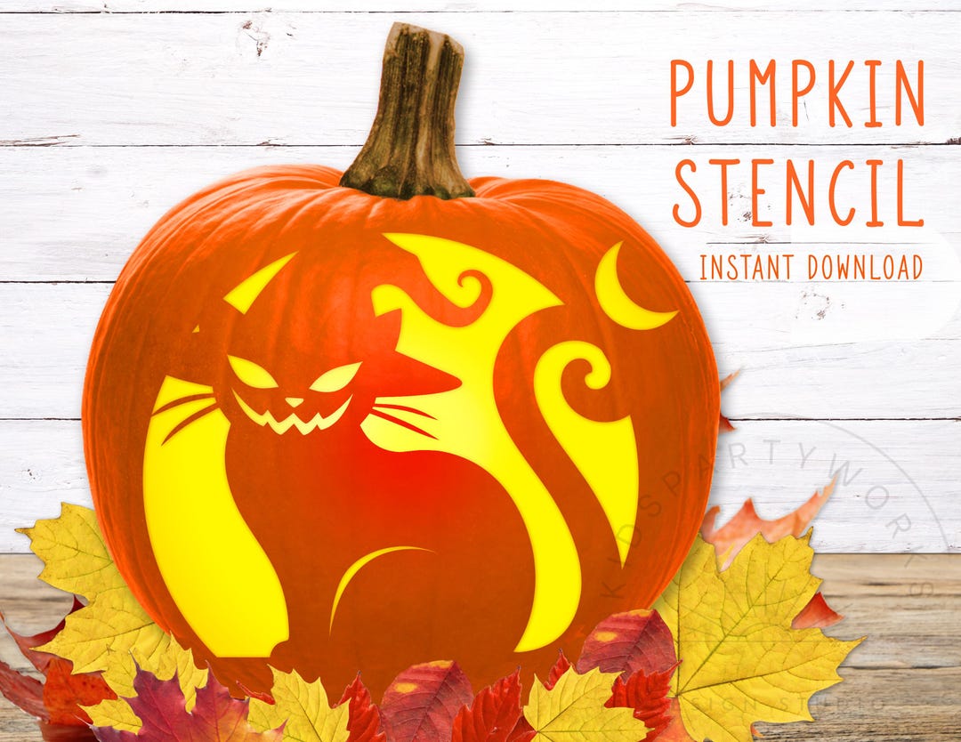 Cat Pumpkin Stencil, Witch Cat PRINTABLE Pumpkin Stencil, Jack O ...