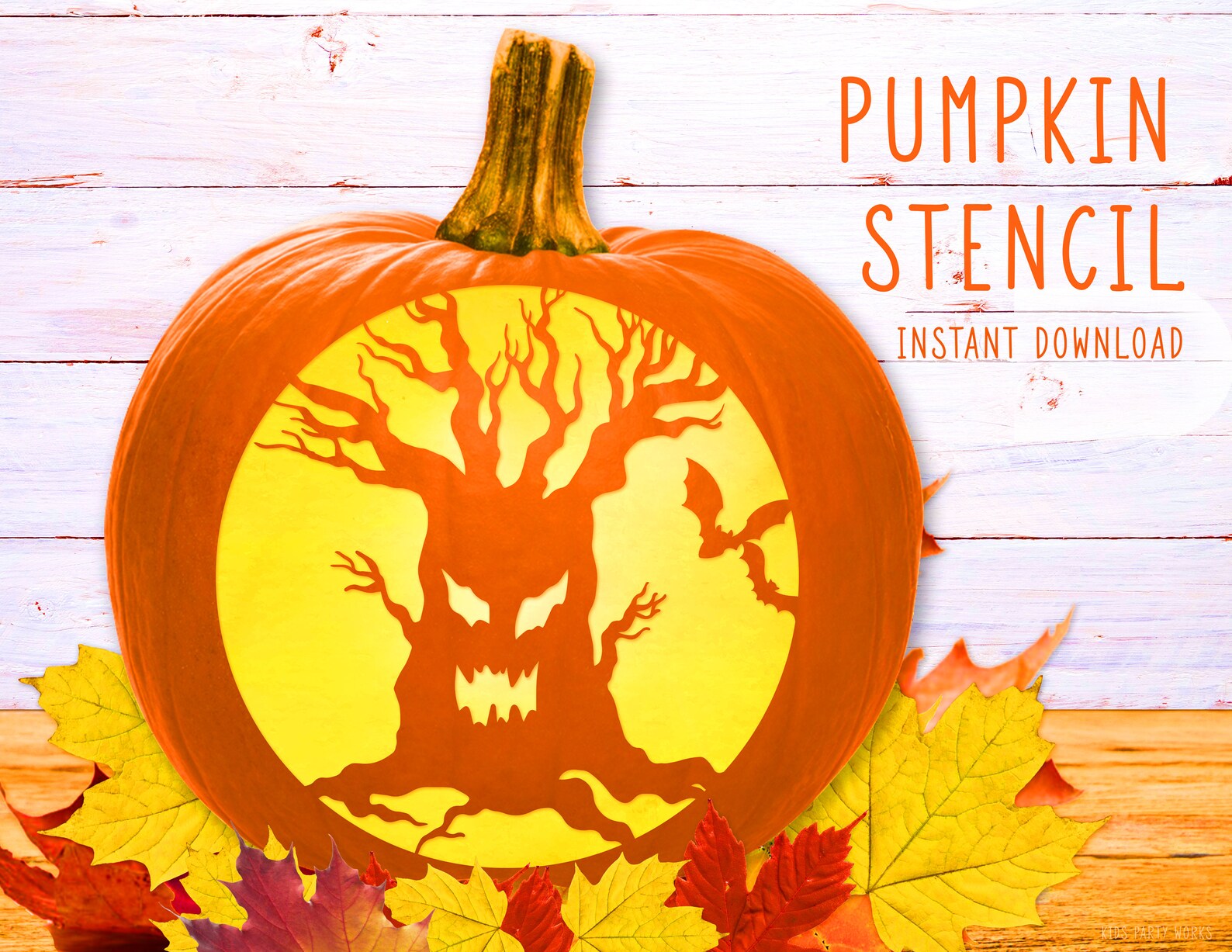 Halloween Scary Tree Pumpkin Stencil, Pumpkin Carving Stencil, Halloween Spooky Bats, Printable ...