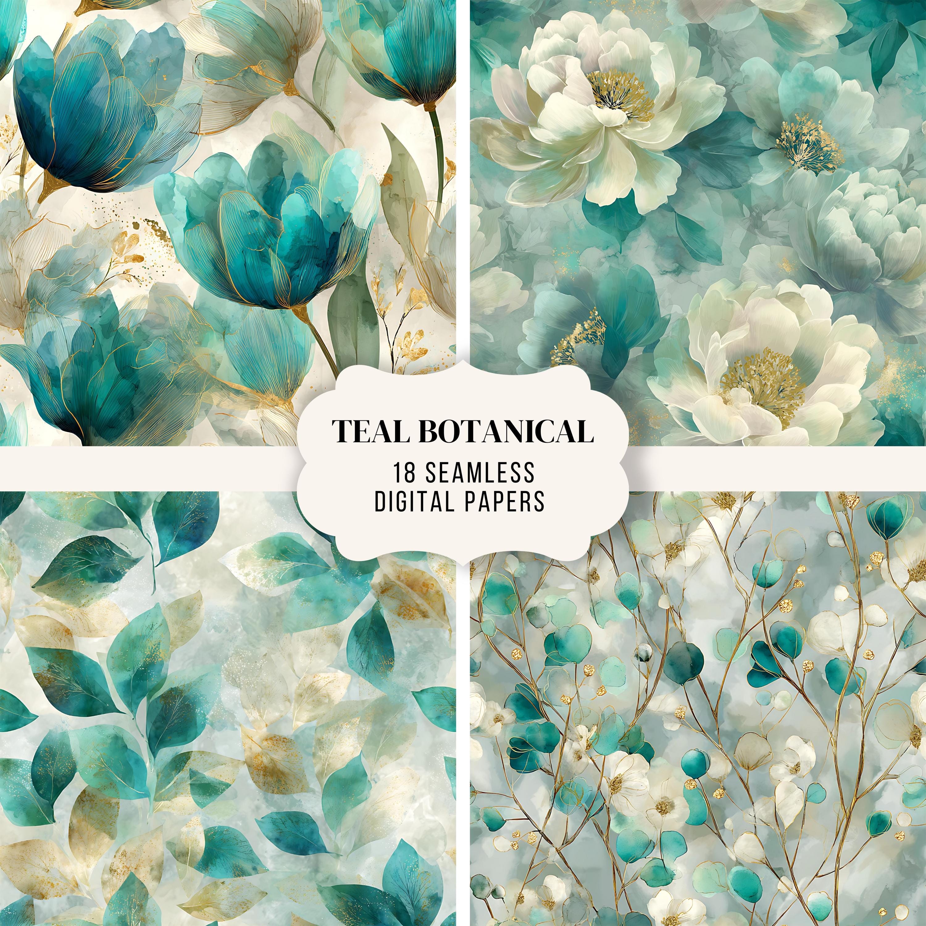 Teal Floral Digital Paper, 18 JPG Seamless Watercolor Patterns, Teal ...