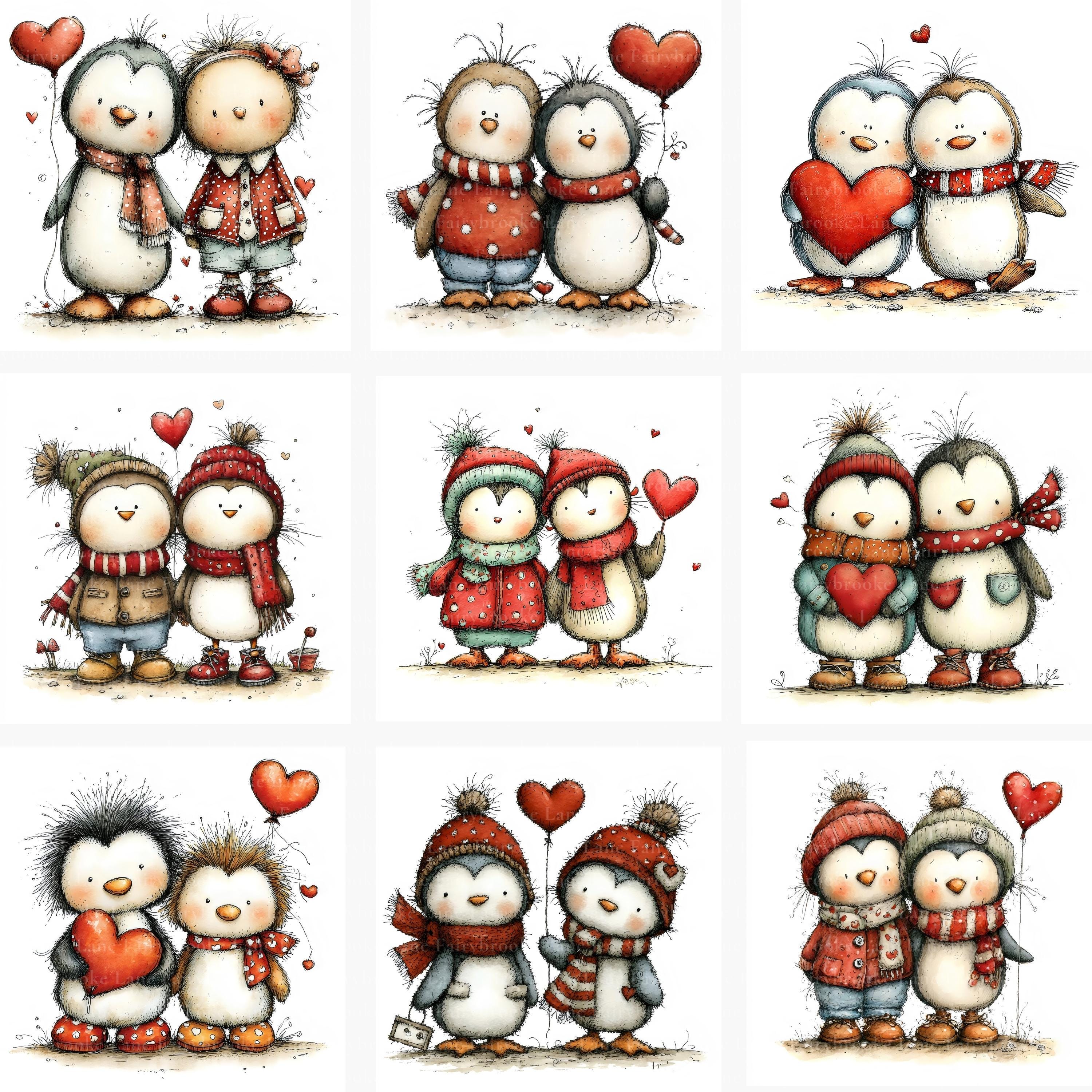 50 JPG Valentine Penguin Couples Clipart, Whimsical Love Penguins ...