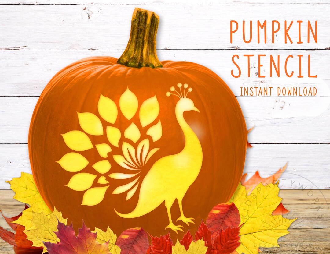 Peacock Pumpkin Stencil, Bird Printable Stencil, Bird Jack O' Lantern ...
