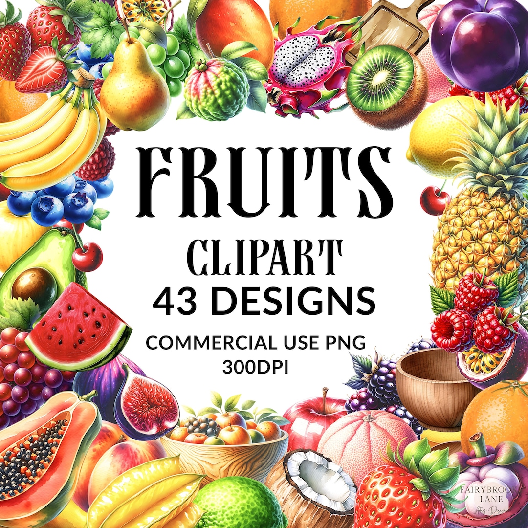 Fruits Bundle, Fruit Clipart, Fruit Digital Wall Art Png, Watercolor ...