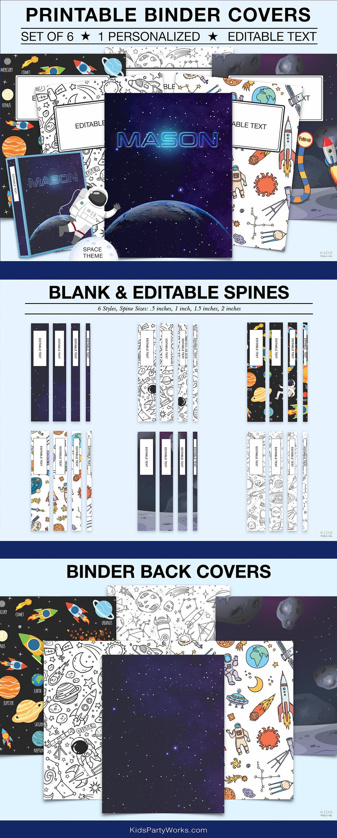 Kids Printable BINDER COVERS, Outer Space Binder Covers, 1 Personalized ...