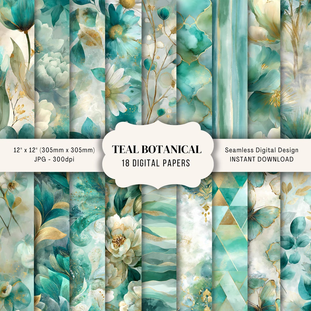 Teal Floral Digital Paper, 18 JPG Seamless Watercolor Patterns, Teal ...