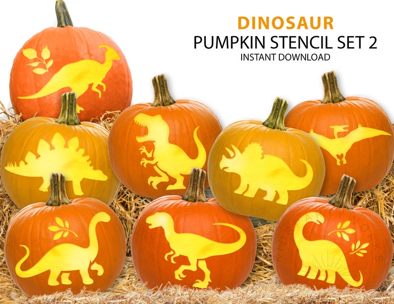 Dinosaur Pumpkin Stencil Set, Dino Pumpkin Carving Stencil, Printable ...