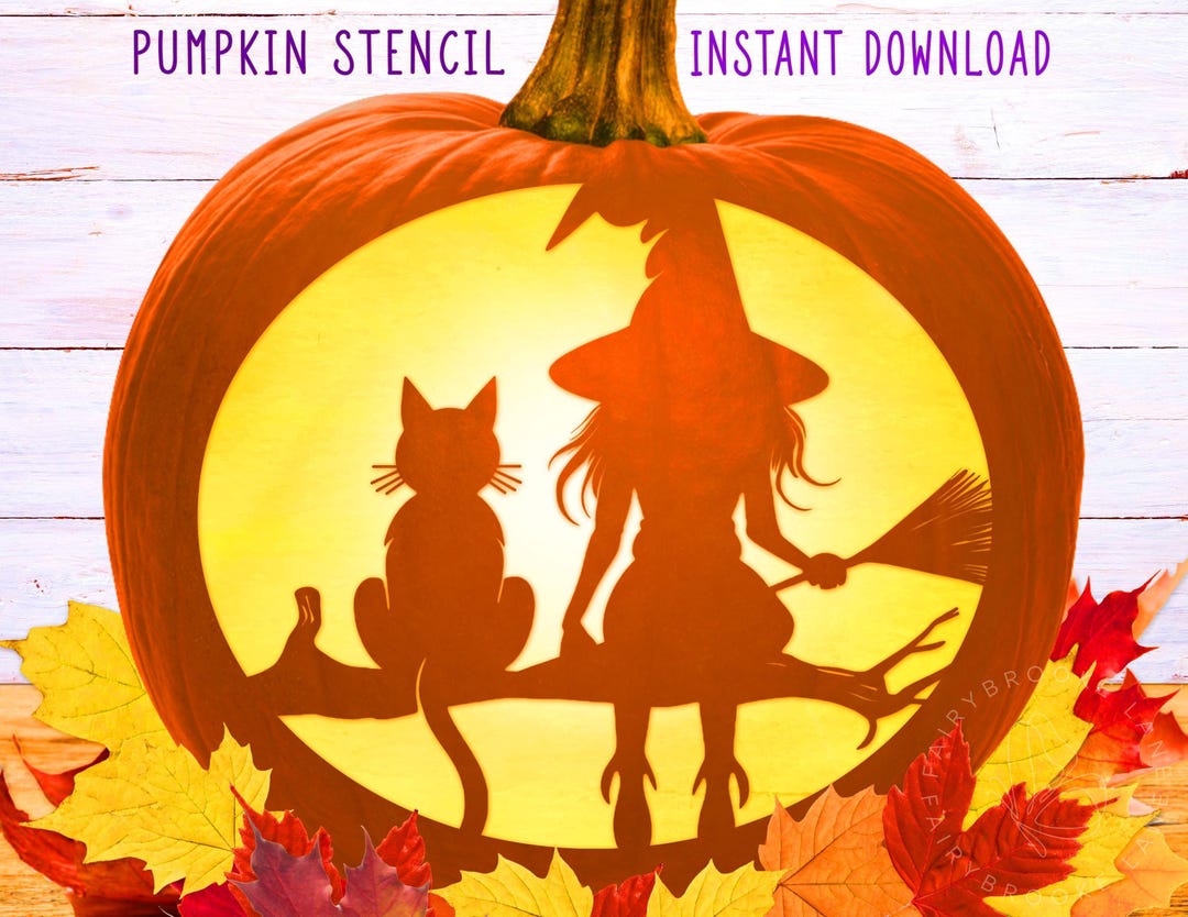 Witch Pumpkin Stencil, Halloween Witch on Broom, Cat PRINTABLE Stencil ...