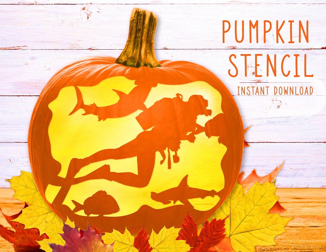 Scuba Diver Pumpkin Stencil, Deep Sea Diver Pumpkin Carving, Printable ...