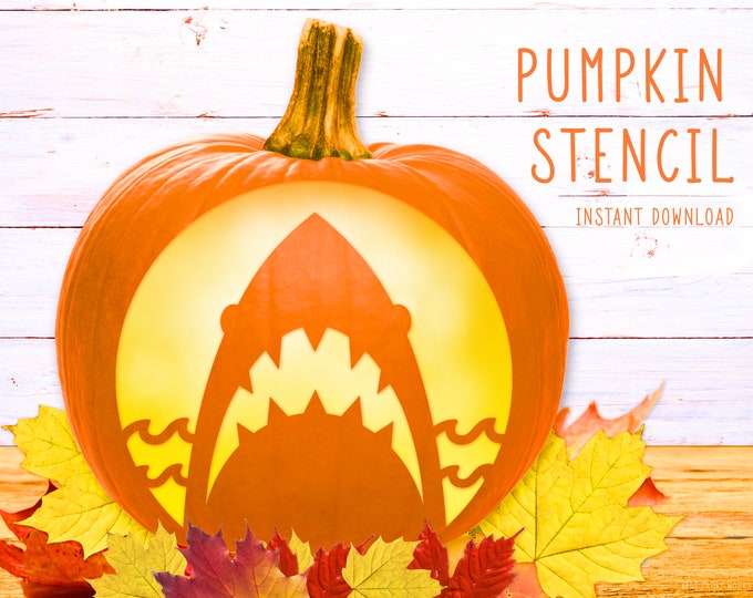 Printable Pumpkin Stencil for Carving JAWS Shark and Swimmer Silhouette ...