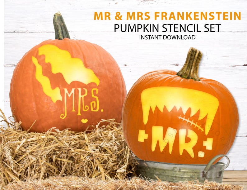 Mr & Mrs Frankenstein Pumpkin Stencil Set, Halloween Pumpkin Carving ...