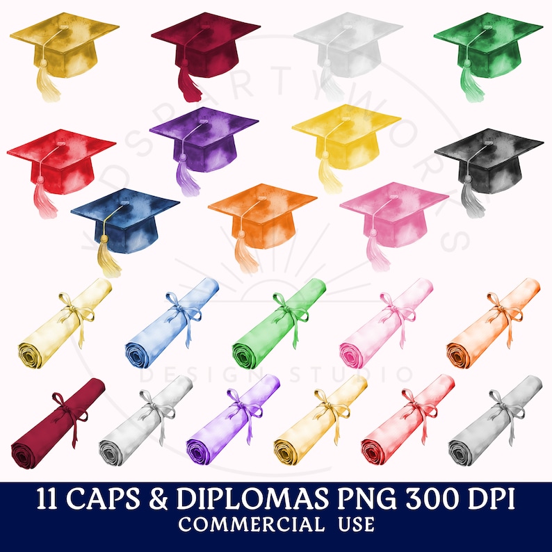 Watercolor Graduation Caps & Diplomas PNG, Senior 2025 Clipart, 11 Caps ...