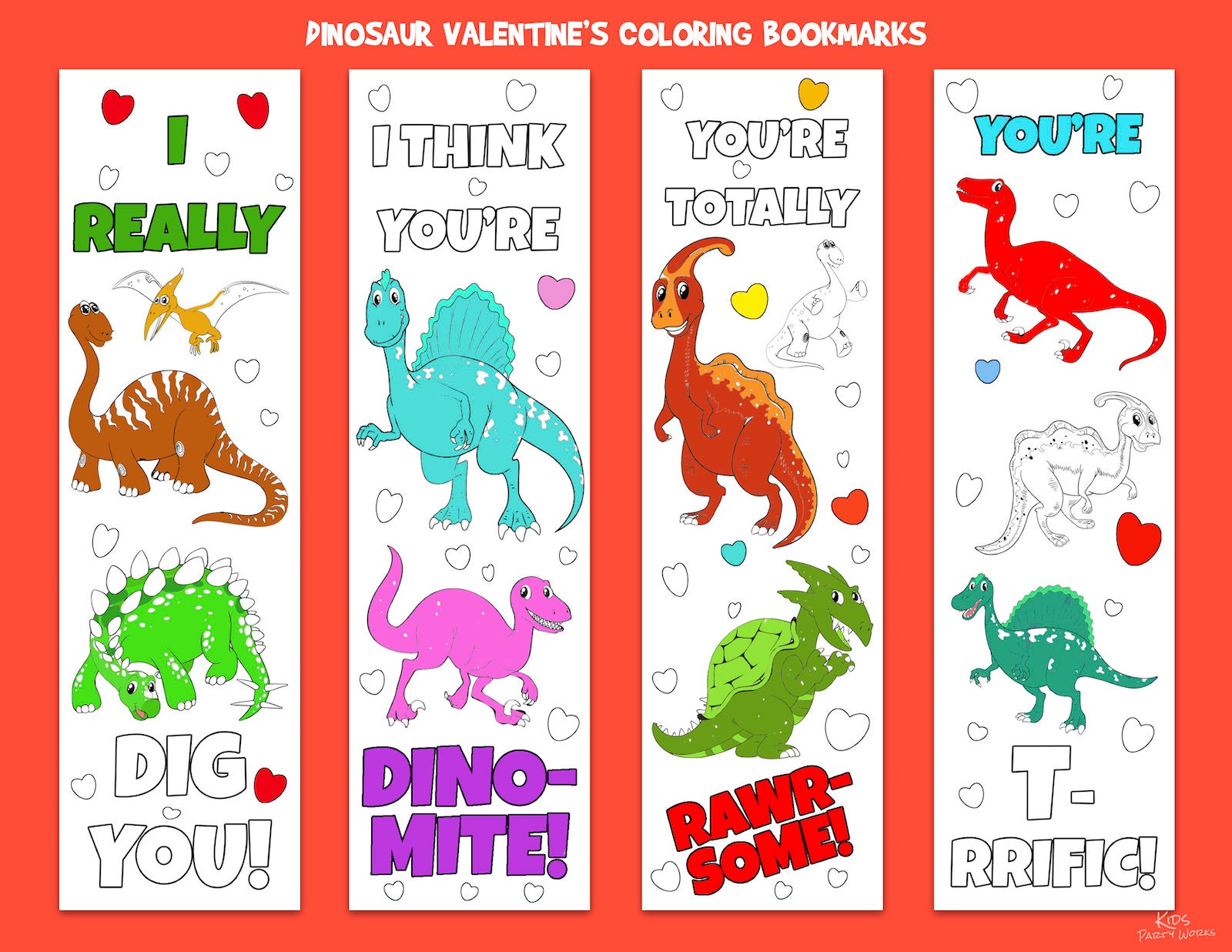 Valentine Coloring Bookmark - Dinosaur Valentine Bookmark - Bookmark to ...
