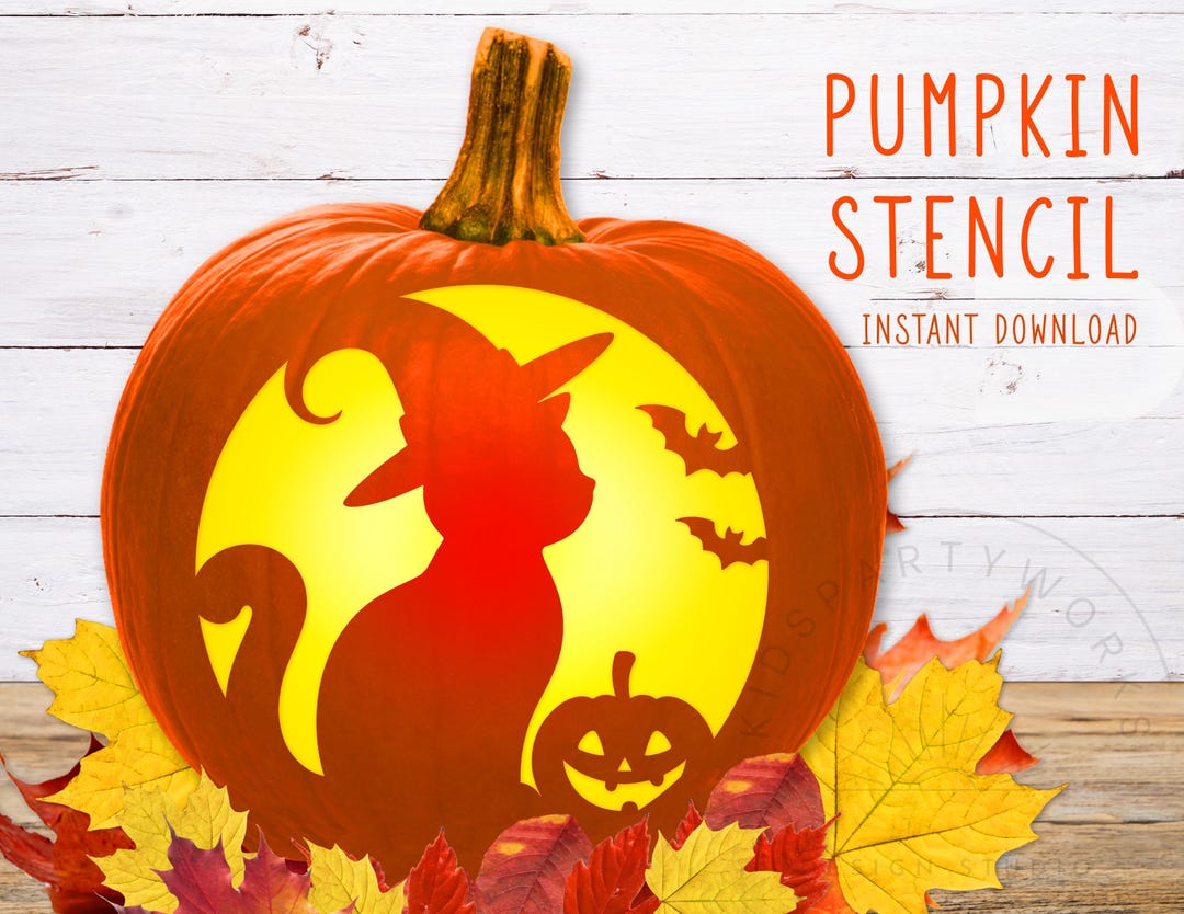 Cat Pumpkin Stencil, Witch Cat PRINTABLE Pumpkin Stencil, Jack O ...