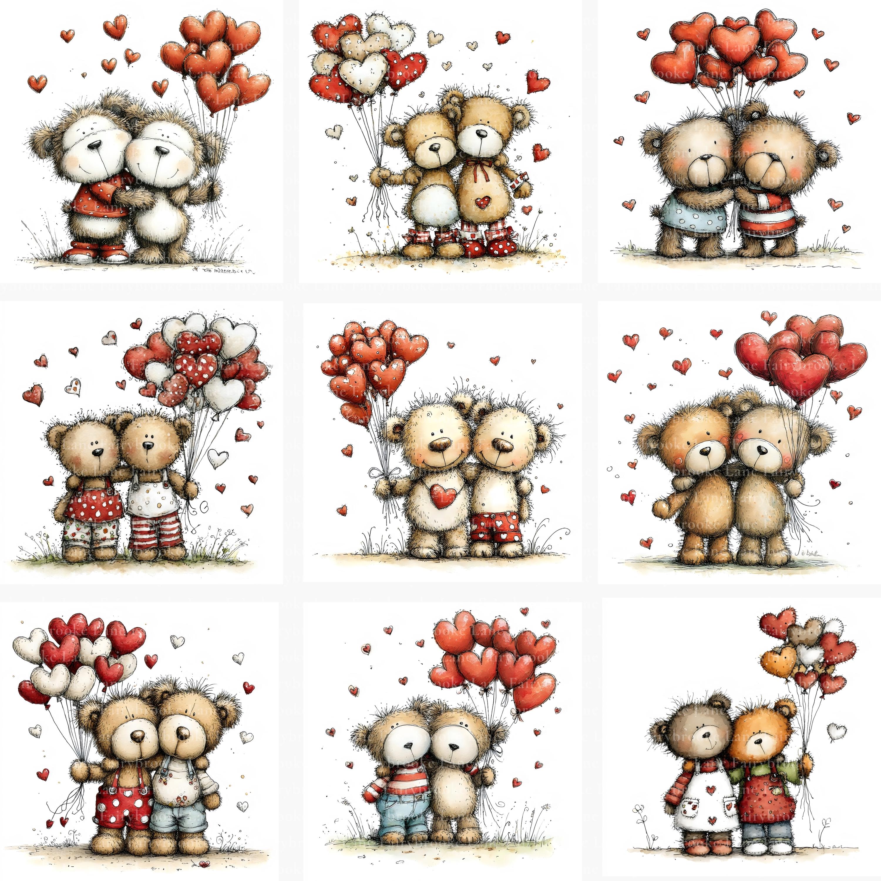 34 JPG Valentine Teddy Bear Couple Clipart, Whimsical Watercolor ...