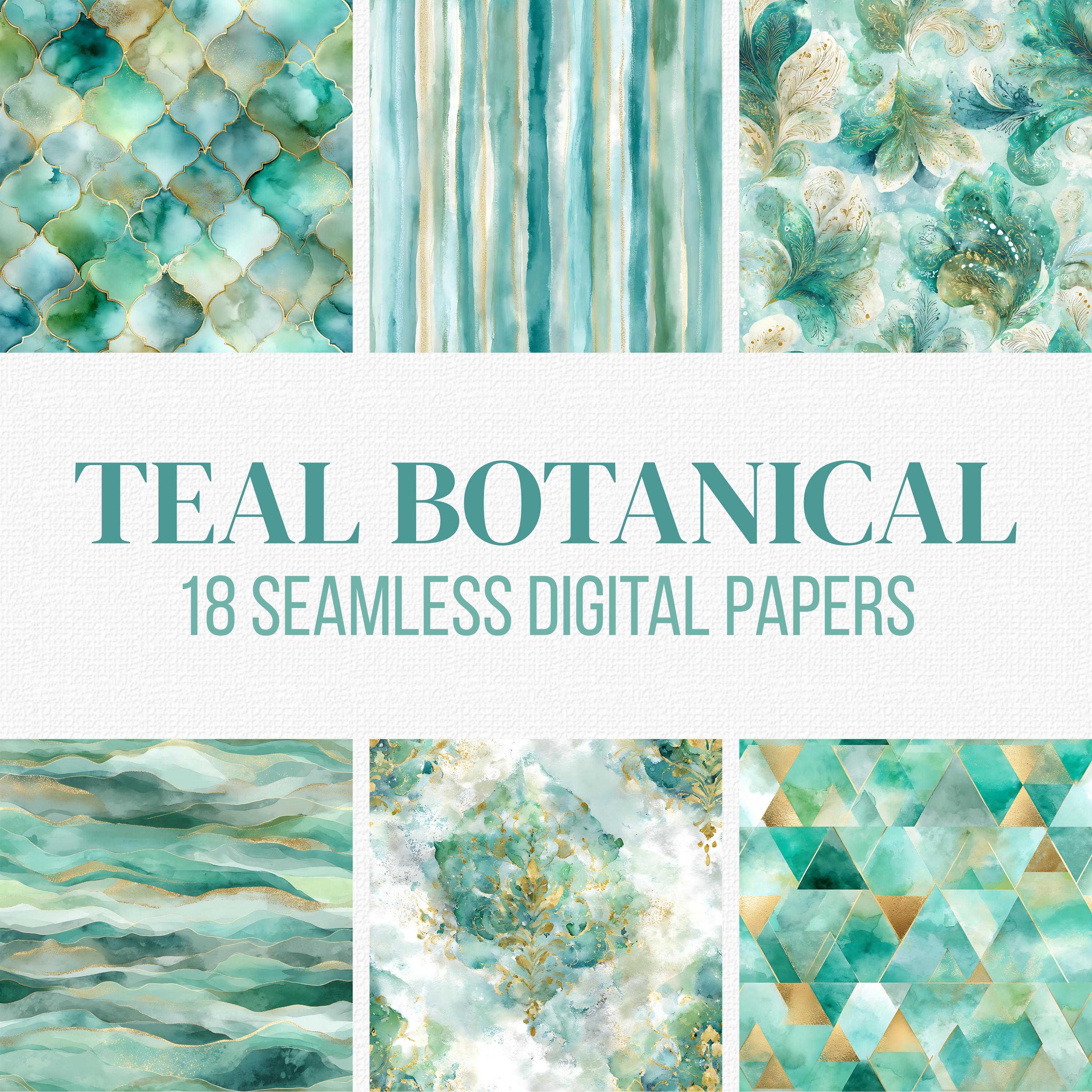 Teal Floral Digital Paper, 18 JPG Seamless Watercolor Patterns, Teal ...