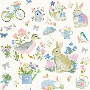 Easter Seamless Pattern, Watercolor Bunny Duckling Spring Digital Paper ...