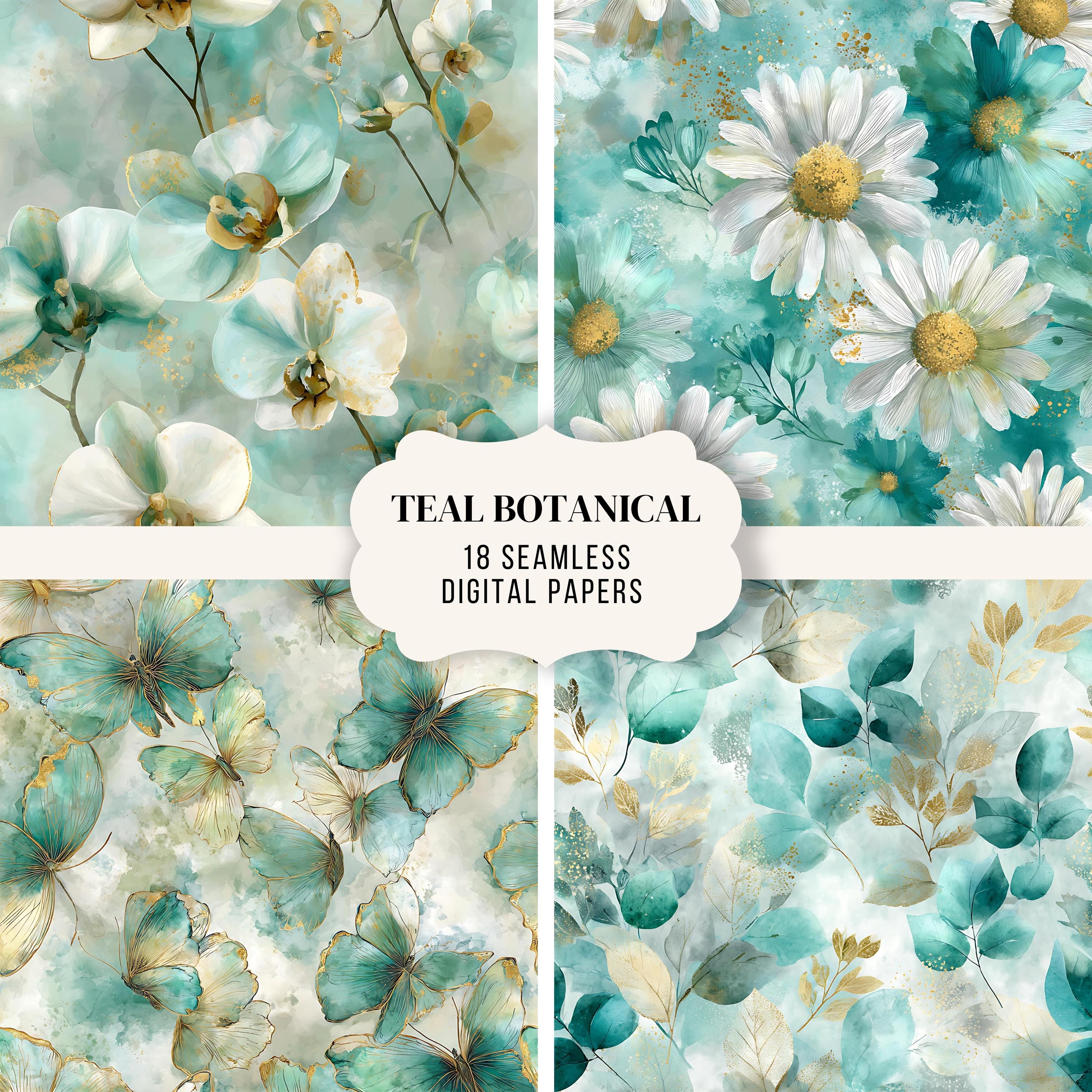 Teal Floral Digital Paper, 18 JPG Seamless Watercolor Patterns, Teal ...