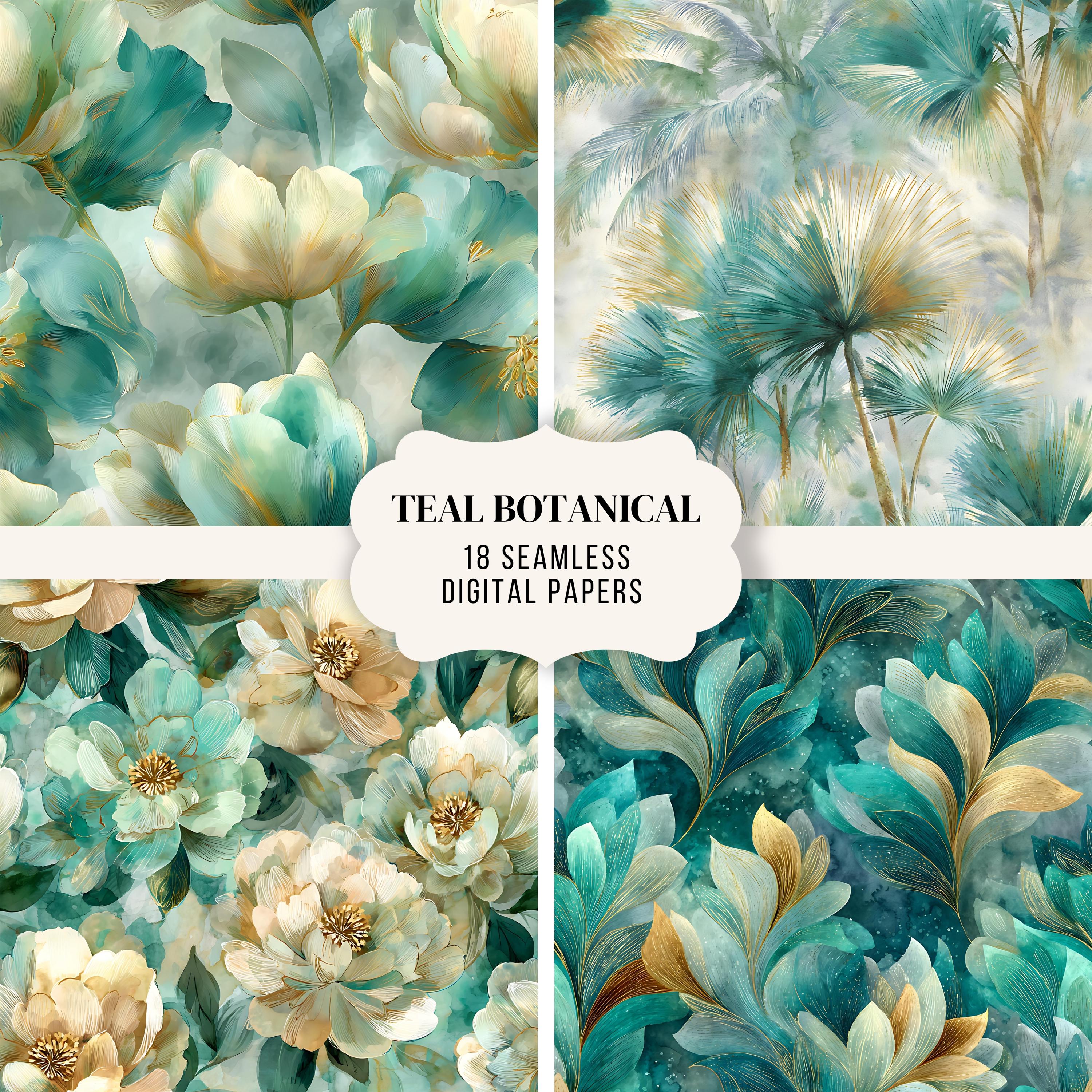 Teal Floral Digital Paper, 18 JPG Seamless Watercolor Patterns, Teal ...