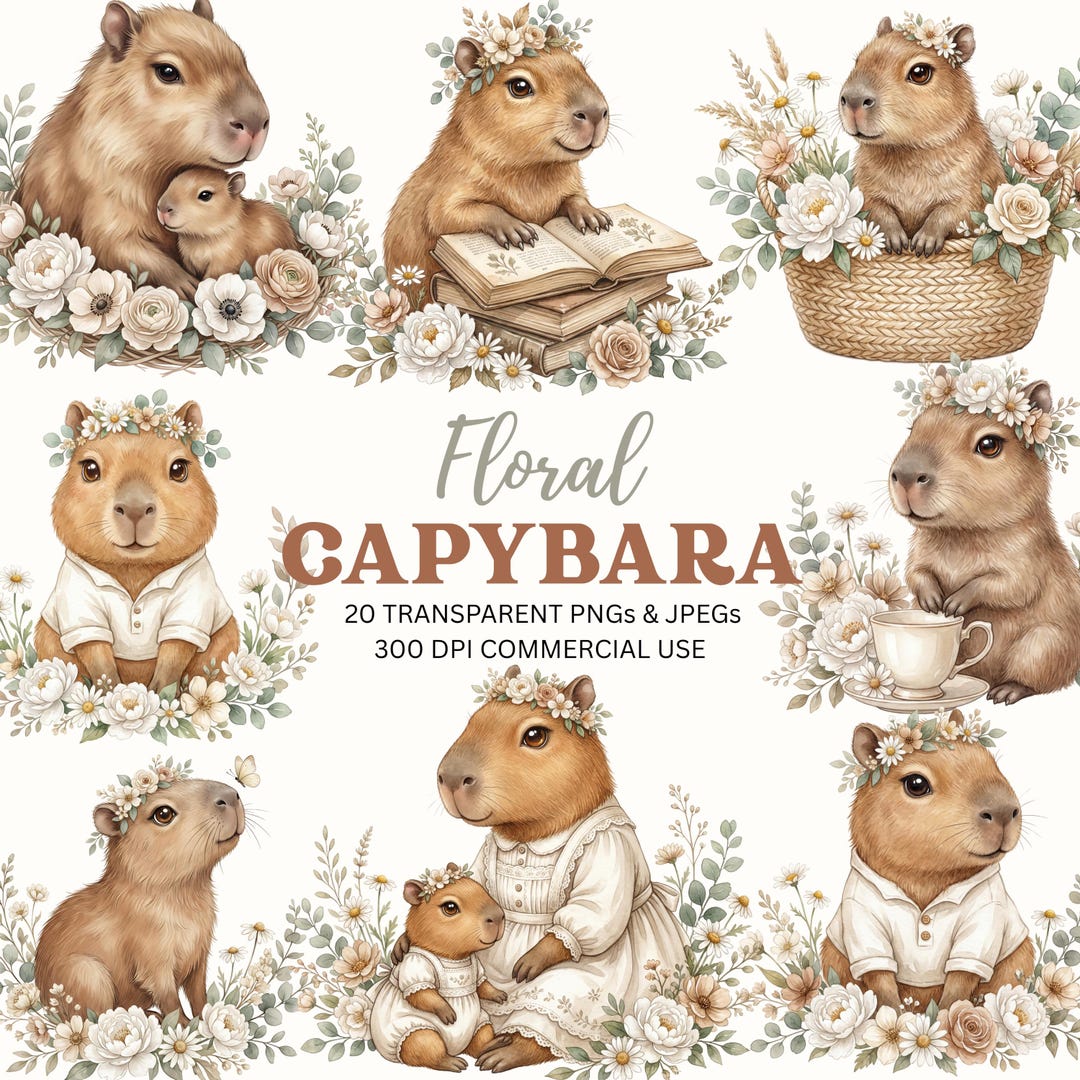 Floral Capybara Clipart, 20 Cute Animal PNG Sublimation & JPEG Neutral ...