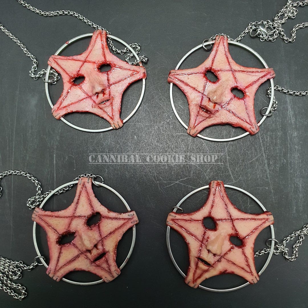Skinned Face Necklace With Pentagram/satanic Necklace/horror Face ...