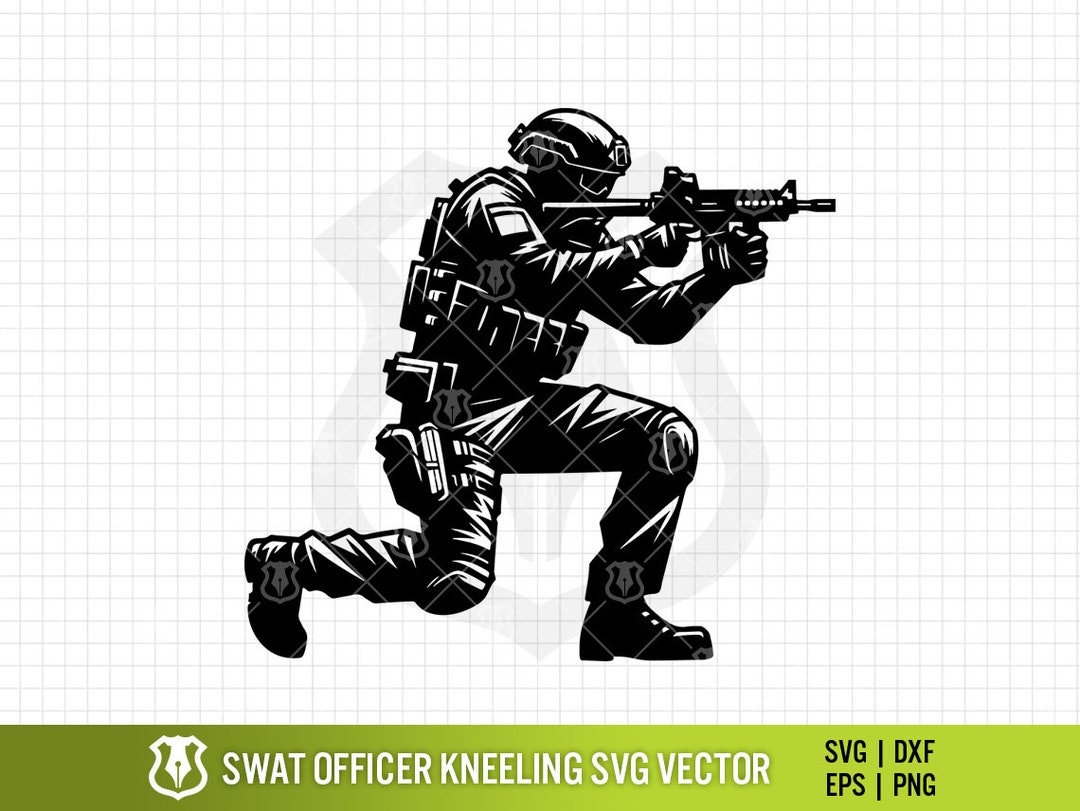 Police SWAT Officer in Action Pose Kneeling Holding Rifle Silhouette ...