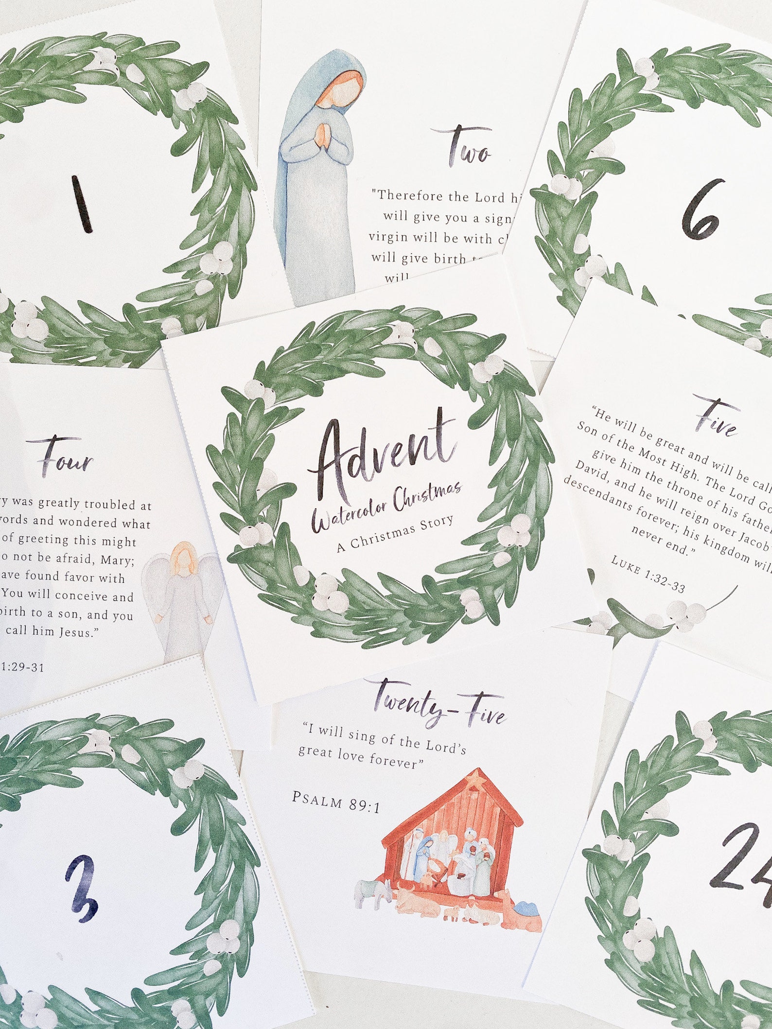 Printable Watercolor Christmas Advent Calendar Scripture Cards | Set of ...