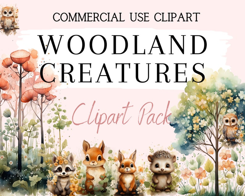 Woodland Animals Watercolor Clipart, Fox Bear Deer Owl Bunny Raccoon ...