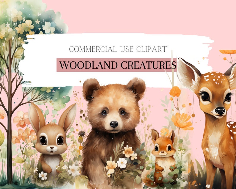 Woodland Animals Watercolor Clipart, Fox Bear Deer Owl Bunny Raccoon ...