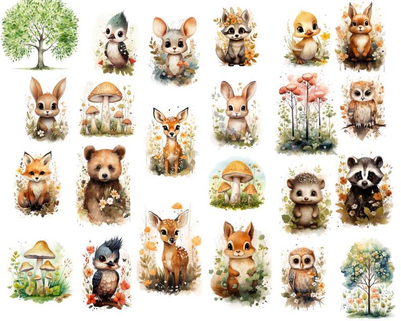 Woodland Animals Watercolor Clipart, Fox Bear Deer Owl Bunny Raccoon ...