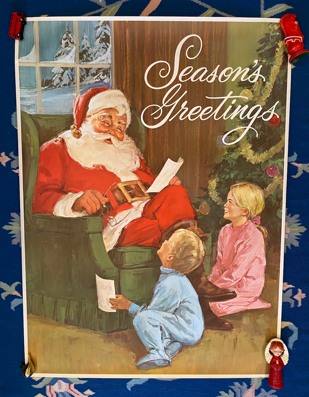 Vintage X-large 54” X 40” -original 1950’s Christmas Santa Claus Season ...