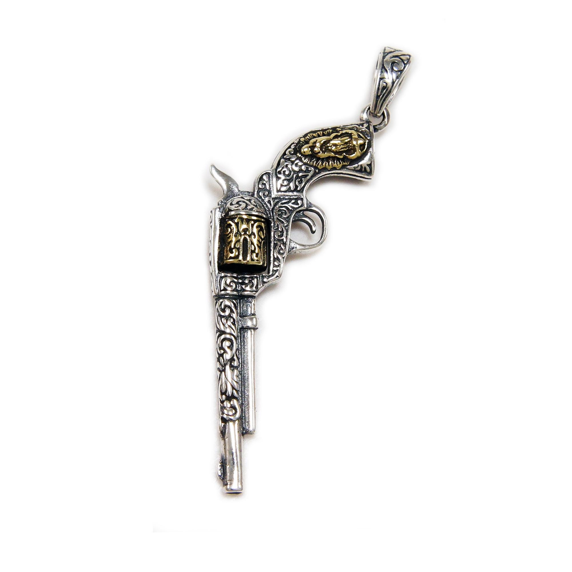 Antique Revolver Pistol/gun/engraved/925 Sterling Silver Pendant/brass ...