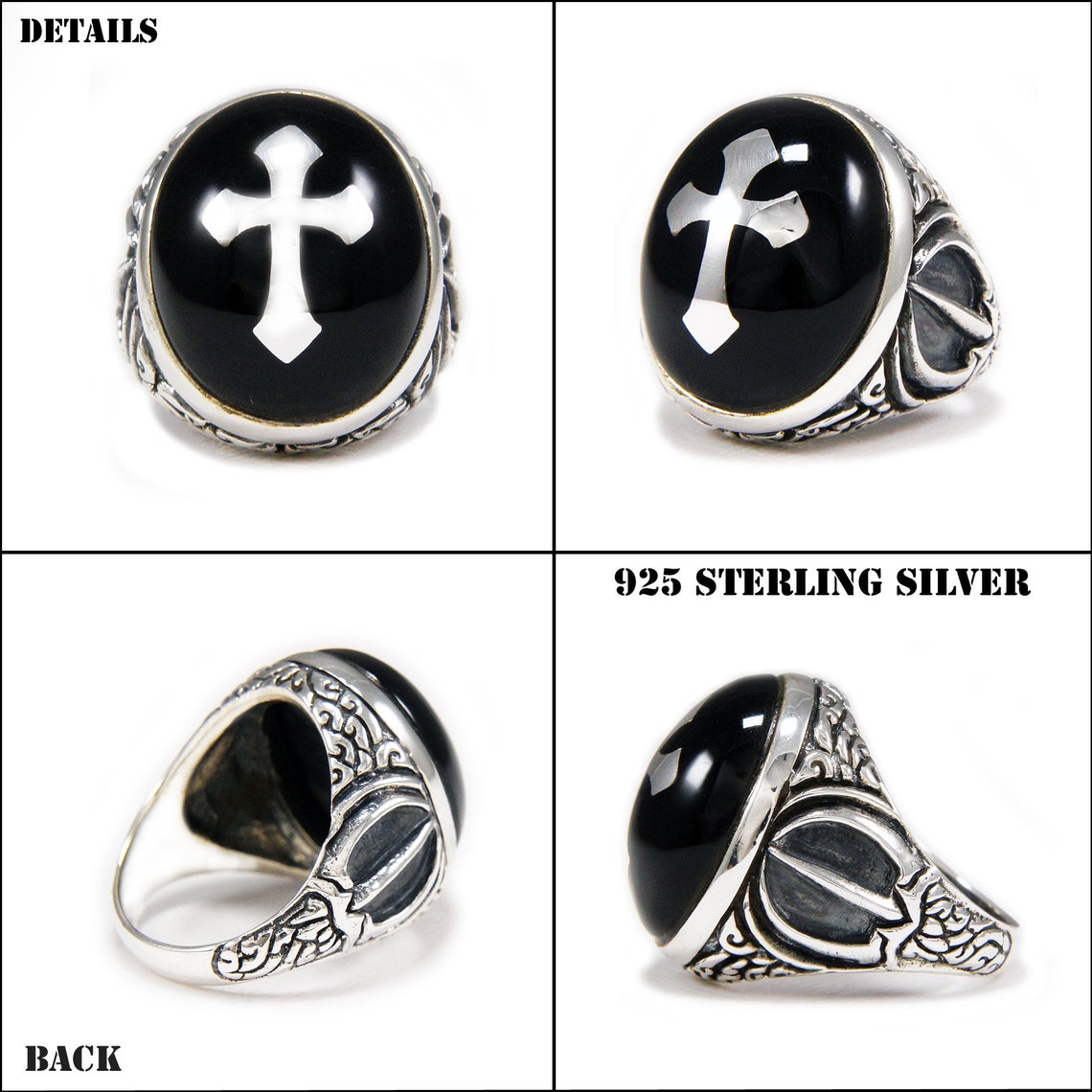 Cross/oval/black/onyx/925 Sterling Silver Ring/silver Cross - Etsy