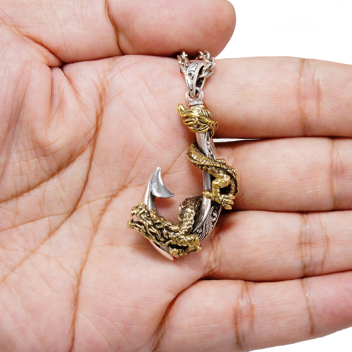 Fish Hook/925 Sterling Silver Pendant/japanese Dragon/dragon Pendant ...