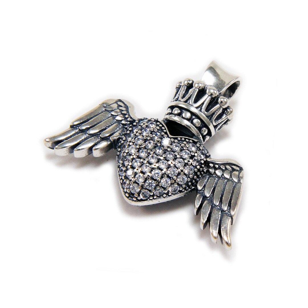 Crown/cubic Zirconia/angel Wing/925 Sterling Silver Pendant/biker ...