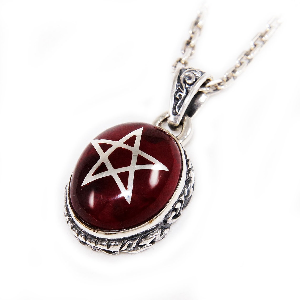 Oval Red Stone/pentagram/star/925 Sterling Silver | Etsy