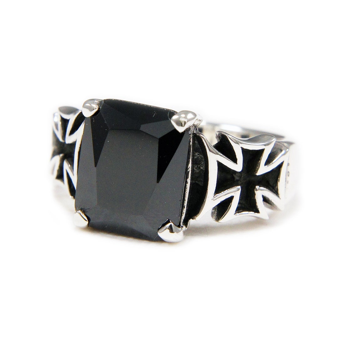 Maltese Cross/925 Sterling Silver Ring/black Cubic Zirconia/biker ...