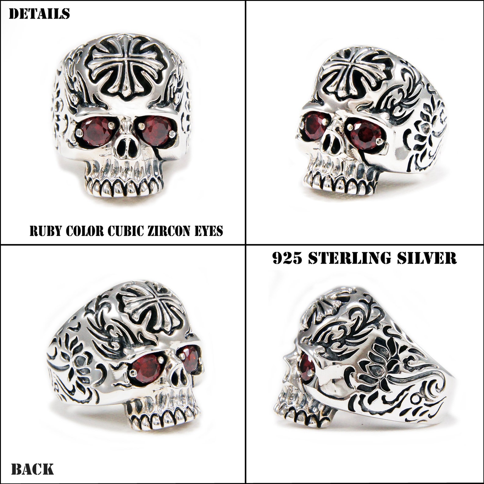 Red Eyes/tattoo/skull/925 Sterling Silver Ring/silver Skull | Etsy