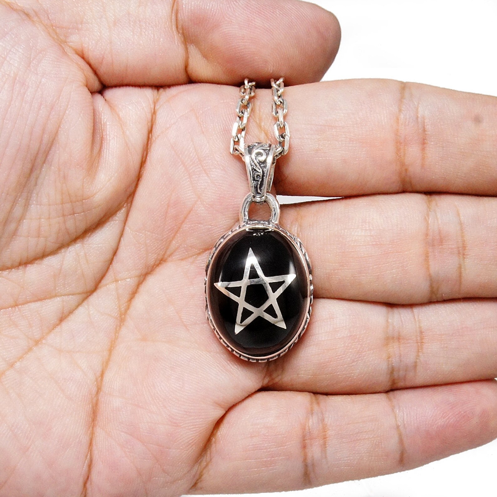 Oval Black Stone/pentagram/star/925 Sterling Silver - Etsy
